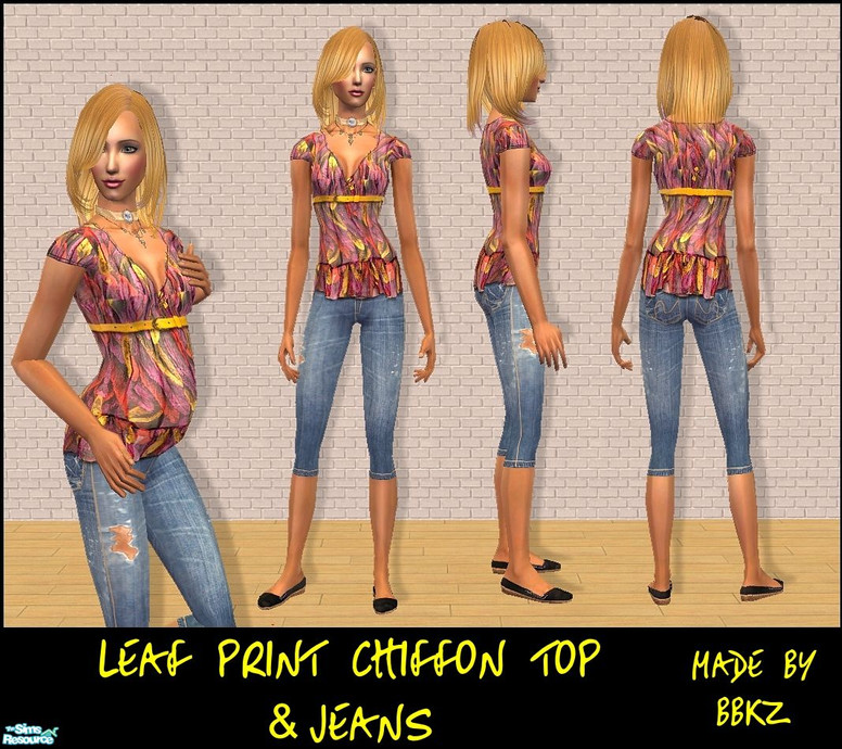 The Sims Resource | Leaf Print Chiffon Top & Jeans