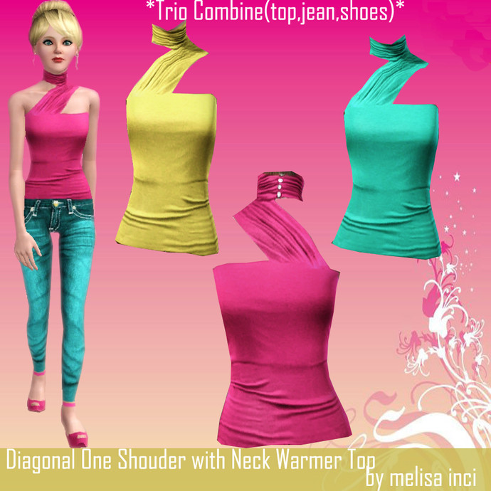 The Sims Resource | Diagonal One Shoulder with Neck Warmer Top