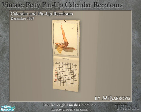 The Sims Resource | Vintage Calendar - Recolour 1947-12