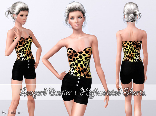 The Sims Resource | Leopard Bustier + High Waisted Shorts.