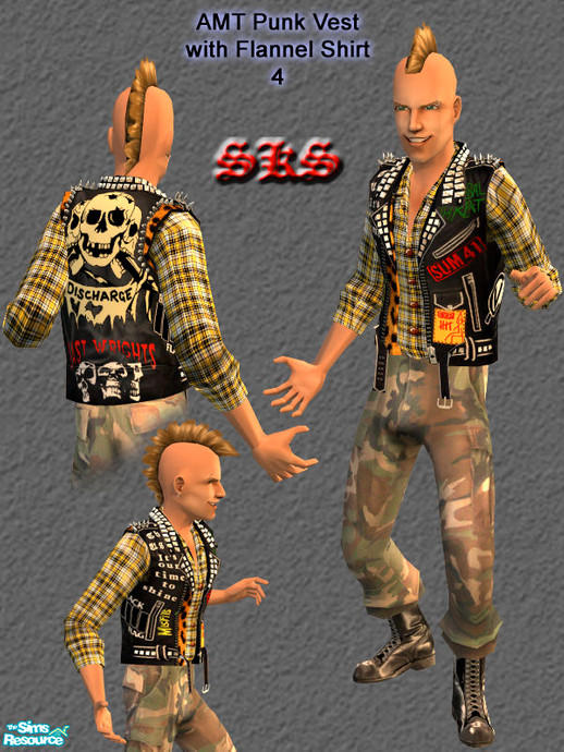 The Sims Resource | AMT Punk Vest with Flannel Shirt - 4