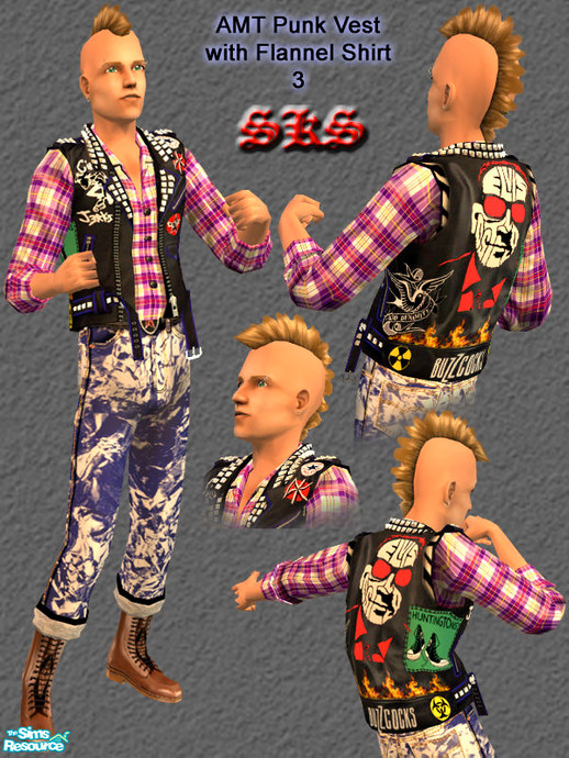 The Sims Resource | AMT Punk Vest with Flannel Shirt - 3