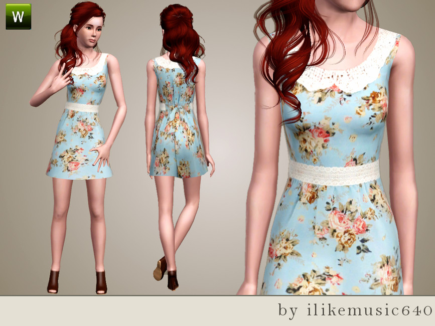 The Sims Resource - Blue Lace Floral Dress AF