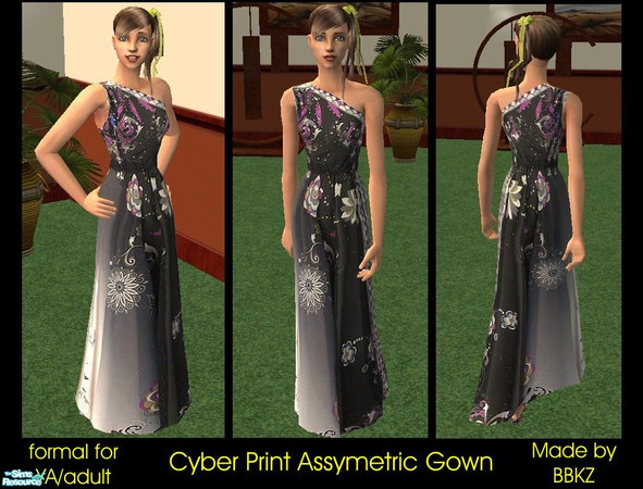 The Sims Resource | Cyber Print Asymmetric Gown