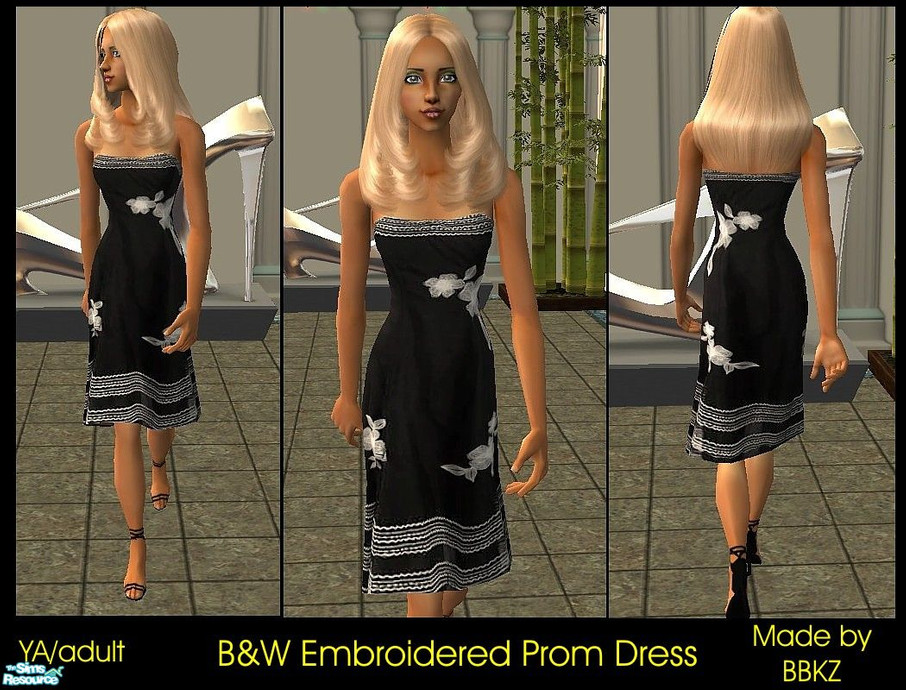 The Sims Resource - B&W Embroidered Prom Dress