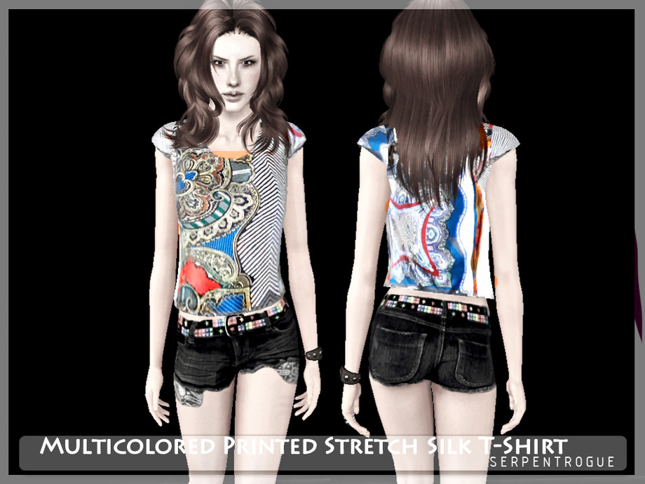 The Sims Resource - Multicolored Printed Stretch Silk T-Shirt