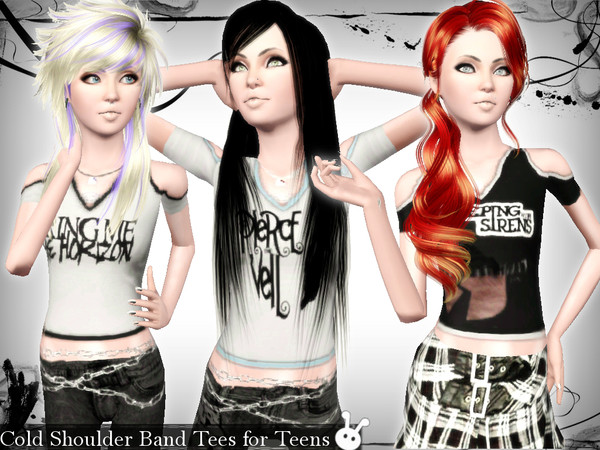 The Sims Resource | Cold Shoulder Band Tees Teen