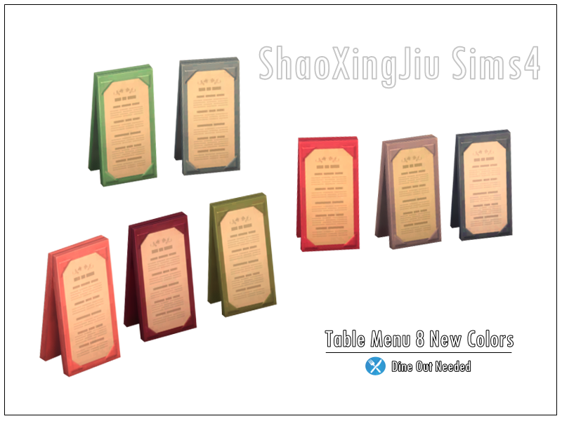 The Sims Resource | Table Menu 8 New Colors - Need Dine Out