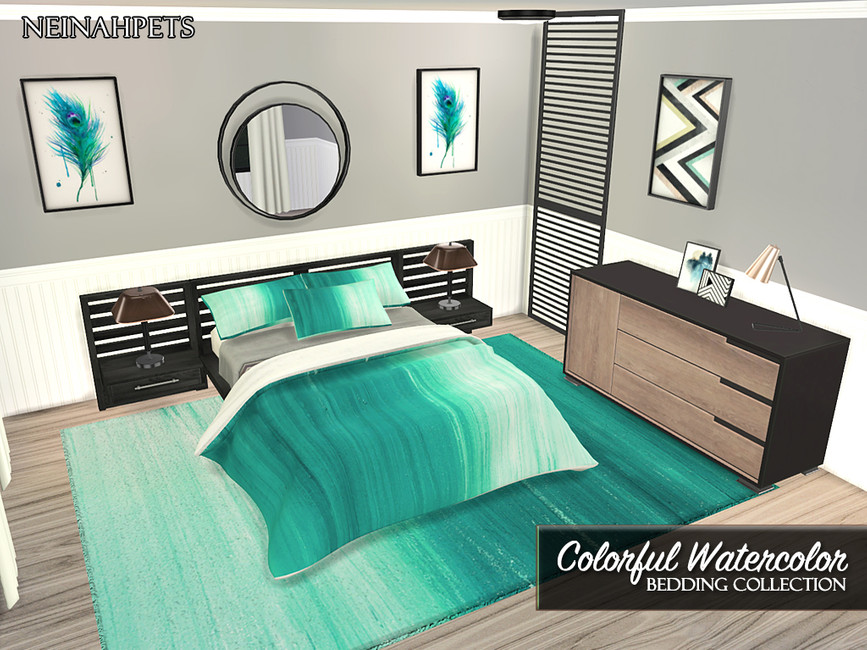 The Sims Resource - Colorful Watercolor Bedding Collection {Mesh Required}