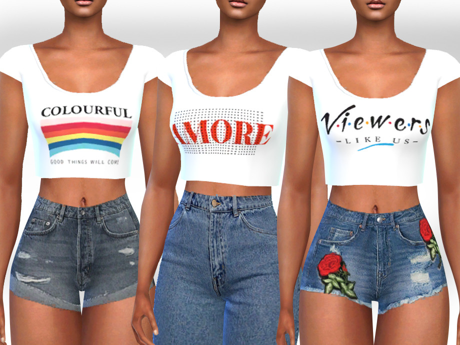 The Sims Resource | White Colorful Crop Mesh Tops