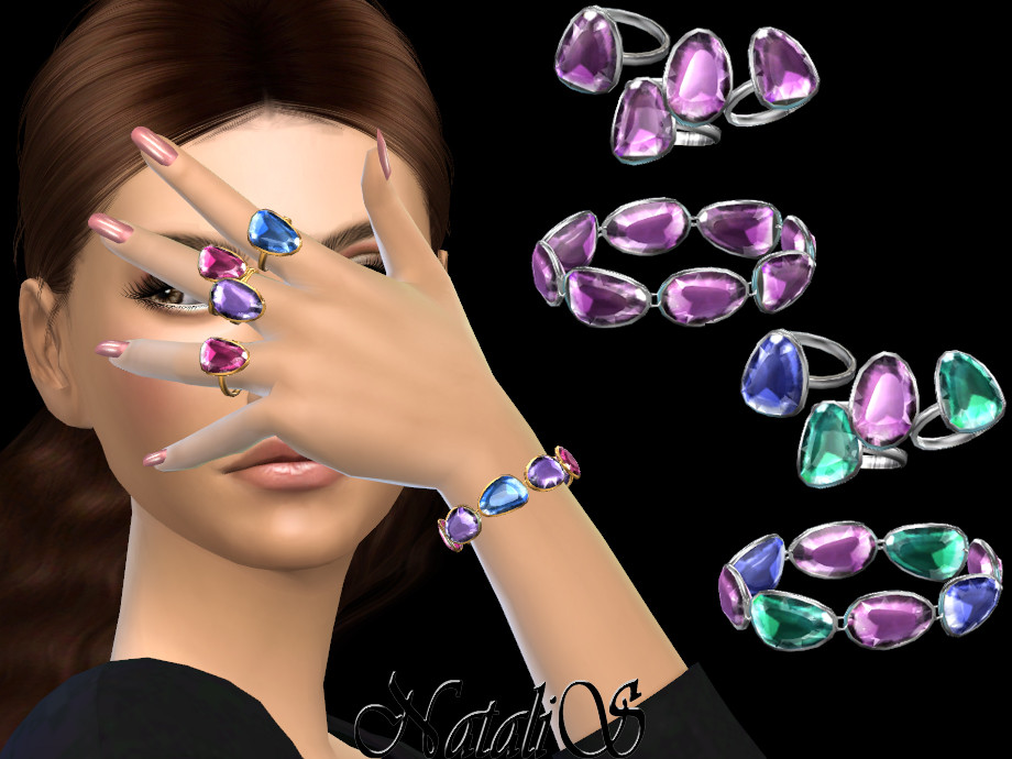 The Sims Resource | Mixed color gems bracelet+rings set