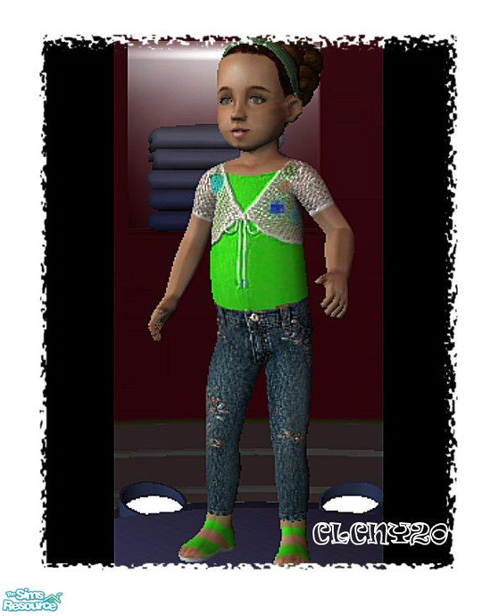The Sims Resource | Wht/Grn Mesh Top Outfit For Toddler Girl