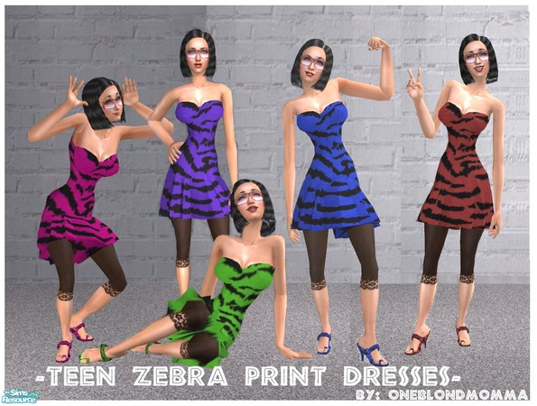 The Sims Resource | Teen Zebra Print Dresses (5 Colors)