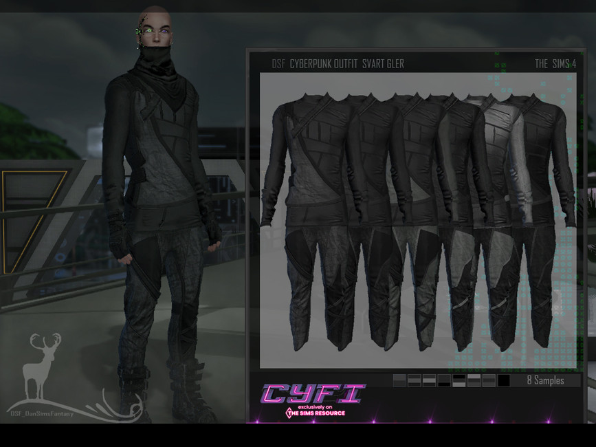 The Sims Resource - CYFI_ CYBERPUNK OUTFIT SVART GLER
