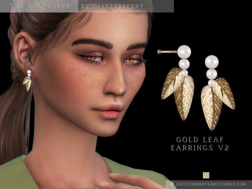 The Sims Resource - Gold Leaf Earrings v2
