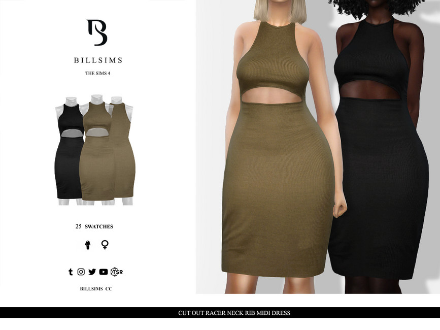 The Sims Resource - Cut Out Racer Neck Rib Midi Dress