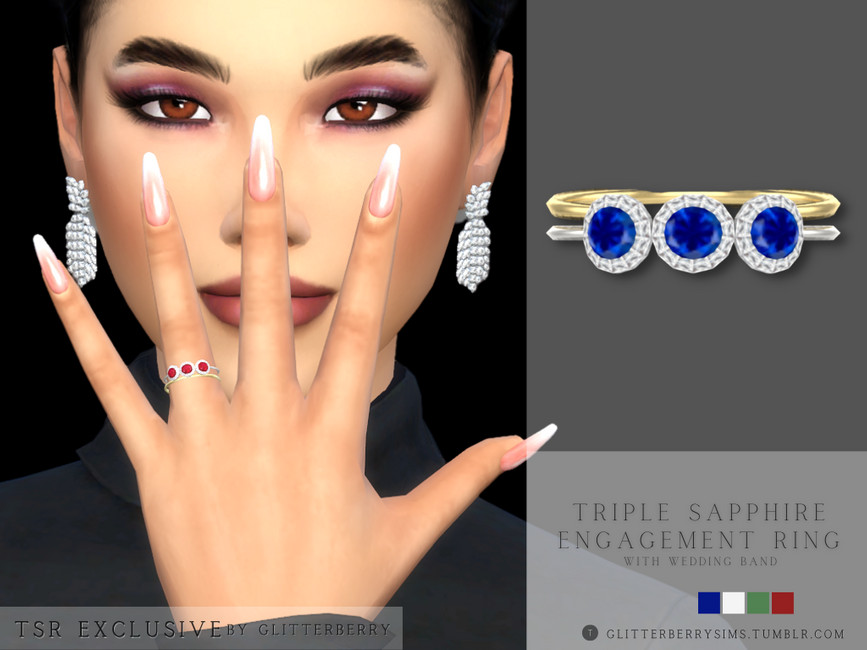 The Sims Resource - Triple Sapphire Engagement Ring with Wedding band