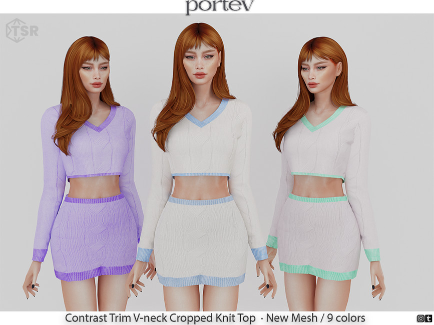 The Sims Resource - Contrast Trim V-neck Cropped Knit Top