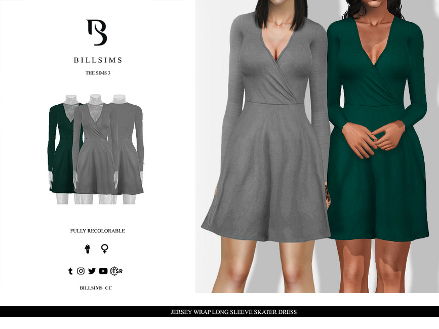 The Sims Resource - Jersey Wrap Long Sleeve Skater Dress