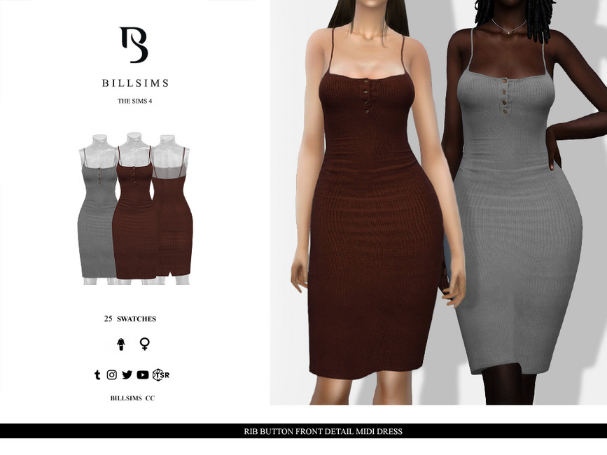 The Sims Resource - Rib Button Front Detail Midi Dress