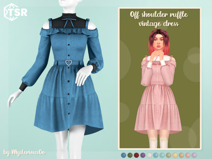 The Sims Resource - Off shoulder ruffle wintage dress