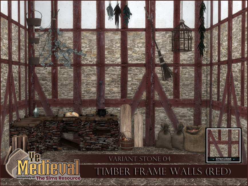 The Sims Resource - YeMedieval Timber Frame Walls - Stone04-1 - Dark red