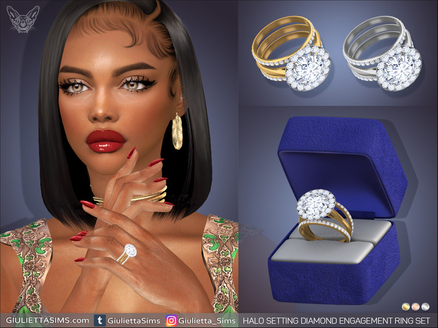 The Sims Resource - Halo Diamond Engagement Ring and Wedding Band Set