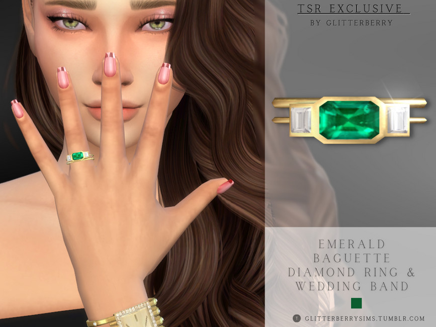 The Sims Resource - Emerald Baguette Diamond Ring With Wedding Band