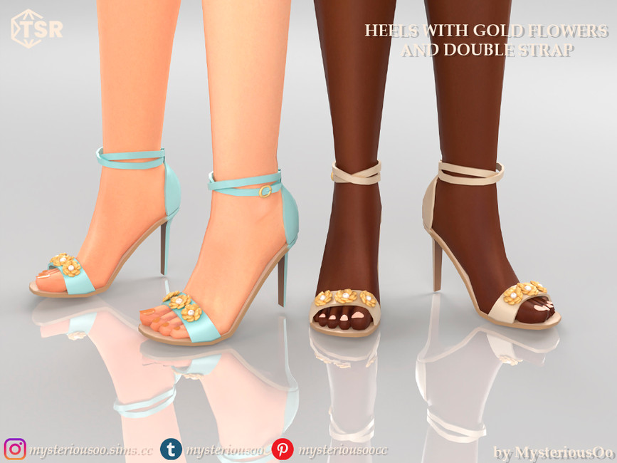 The Sims Resource - Heels with gold flowers and double strap