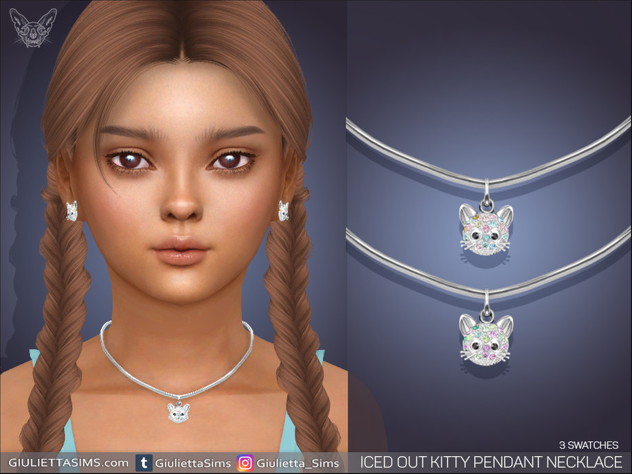 The Sims Resource | Iced Out Kitty Pendant Necklace For Kids