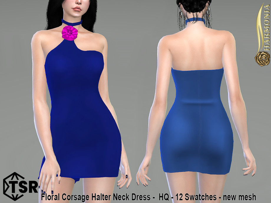 The Sims Resource | Floral Corsage Halter Neck Dress