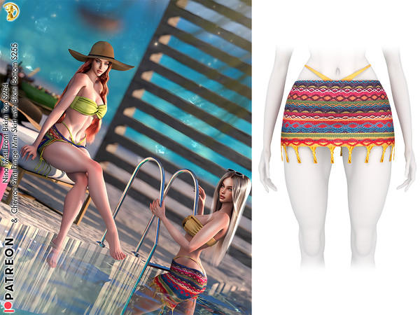 The Sims Resource | PATREON - Nina Chevron Print Fringe Mini Skirt with Bikini Bottom S255