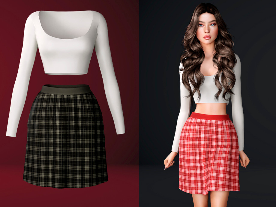 The Sims Resource | Long sleeve top with cutout and plaid skir