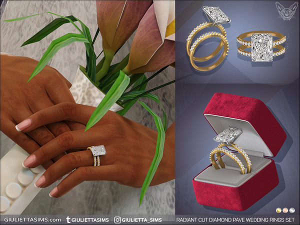 The Sims Resource | Radiant Cut Diamond Pave Wedding Rings Set