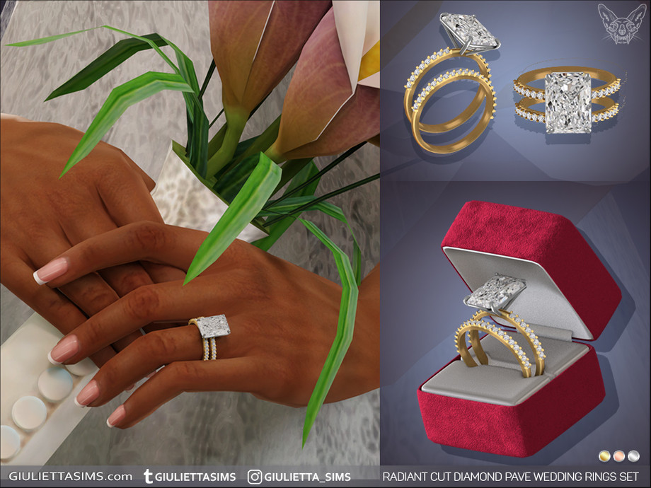 The Sims Resource | Radiant Cut Diamond Pave Wedding Rings Set