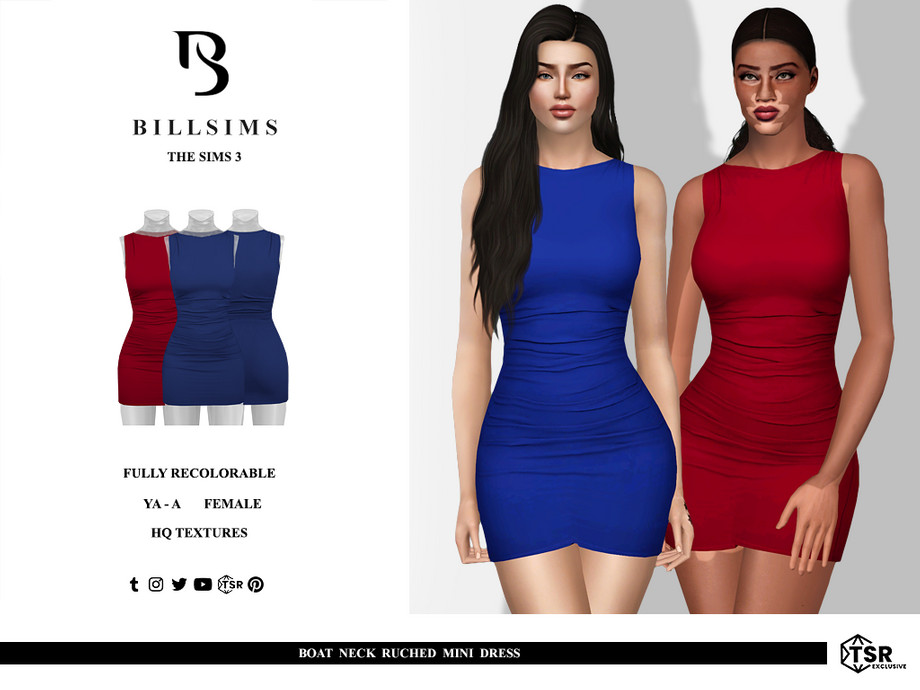 The Sims Resource | Boat Neck Ruched Mini Dress