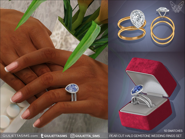 The Sims Resource | Pear Cut Halo Gemstone Wedding Rings Set