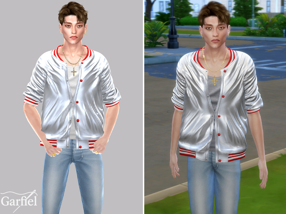 The Sims Resource | Adult - Silver metallic bomber with red striped trim