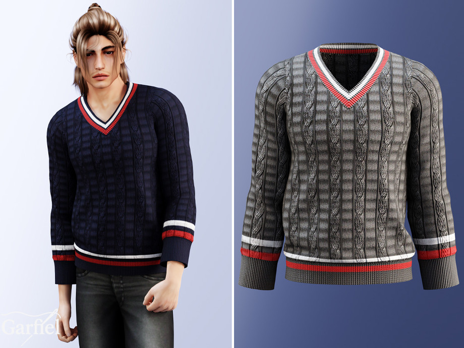 The Sims Resource | Adult - Varsity striped V neck cable sweater