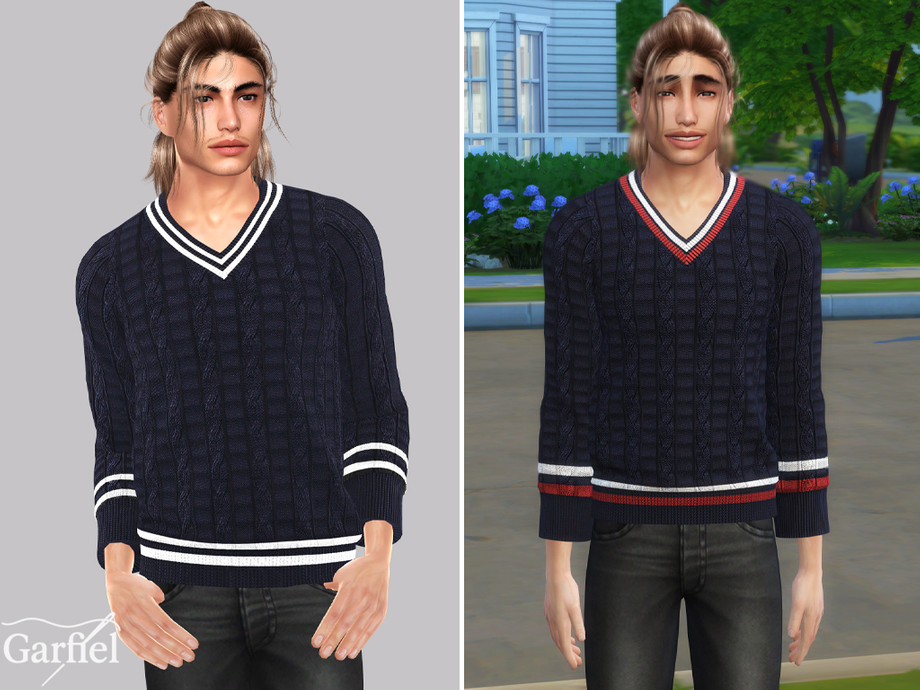 The Sims Resource | Adult - Varsity striped V neck cable sweater