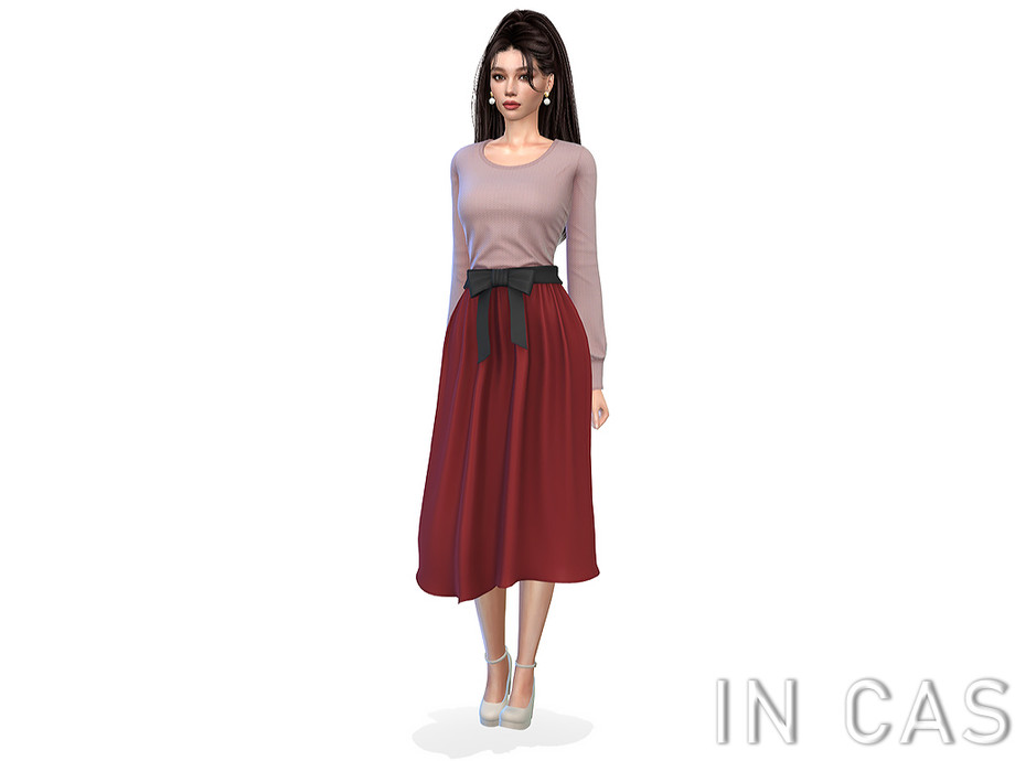 The Sims Resource | Jream Knit Sweater Silk Skirt Outfit