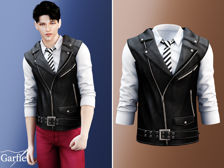 The Sims Resource | Adult - Leather biker vest layered over shirt and tie