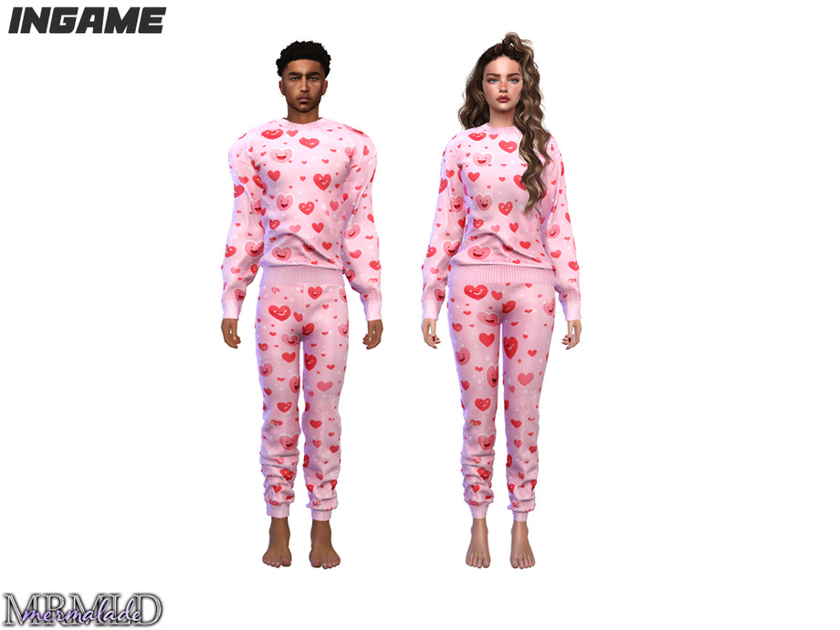 The Sims Resource | Heart Couple Pajamas Set