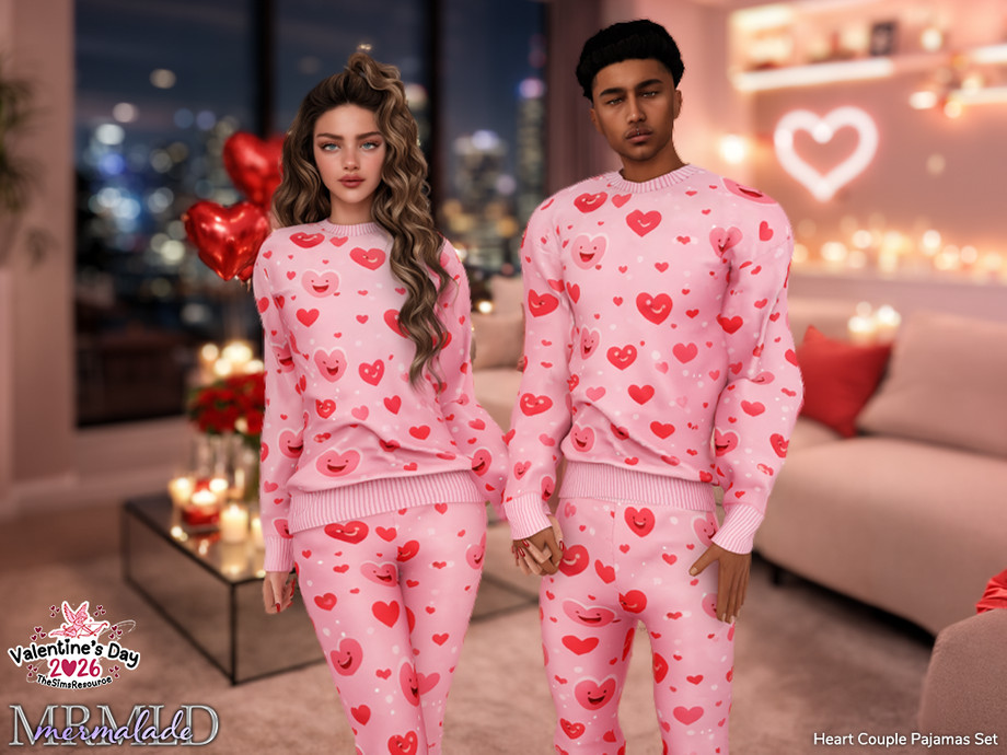 The Sims Resource | Heart Couple Pajamas Set