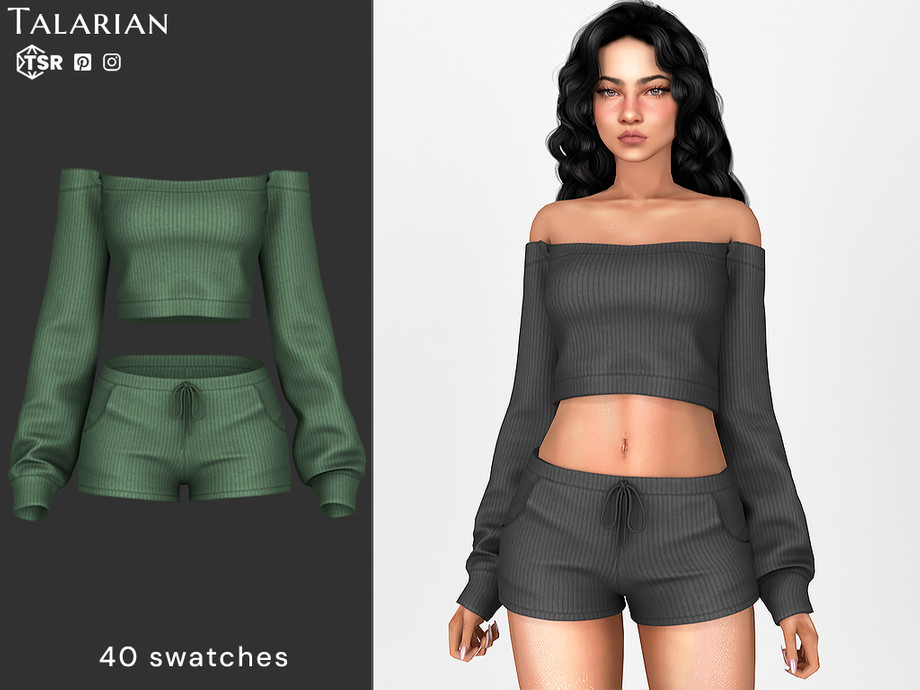 The Sims Resource | Makenzie Off Shoulder Crop Top Shorts Outfit