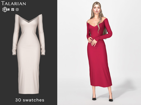 The Sims Resource | Davina Off Shoulder Long Sleeve Midi Dress