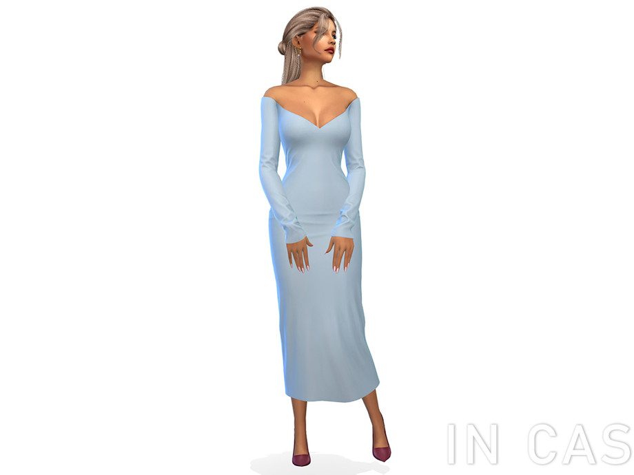 The Sims Resource | Davina Off Shoulder Long Sleeve Midi Dress