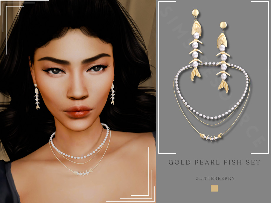 The Sims Resource | GlitterberrySims- Gold Pearl Fish Layered Necklace