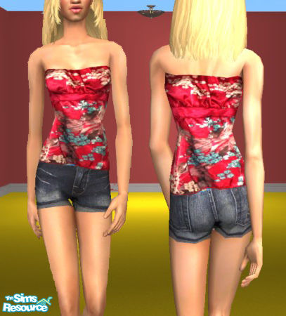 The Sims Resource - AF denim shorts and strapless top